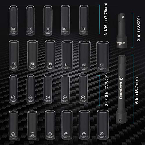 DURATECH 24-Piece Impact Socket Set, 1/2" Drive Deep Impact Socket Set with 2pcs 1/2-Inch Hexagon Extension Bars, Metric & SAE, Hard Case Included