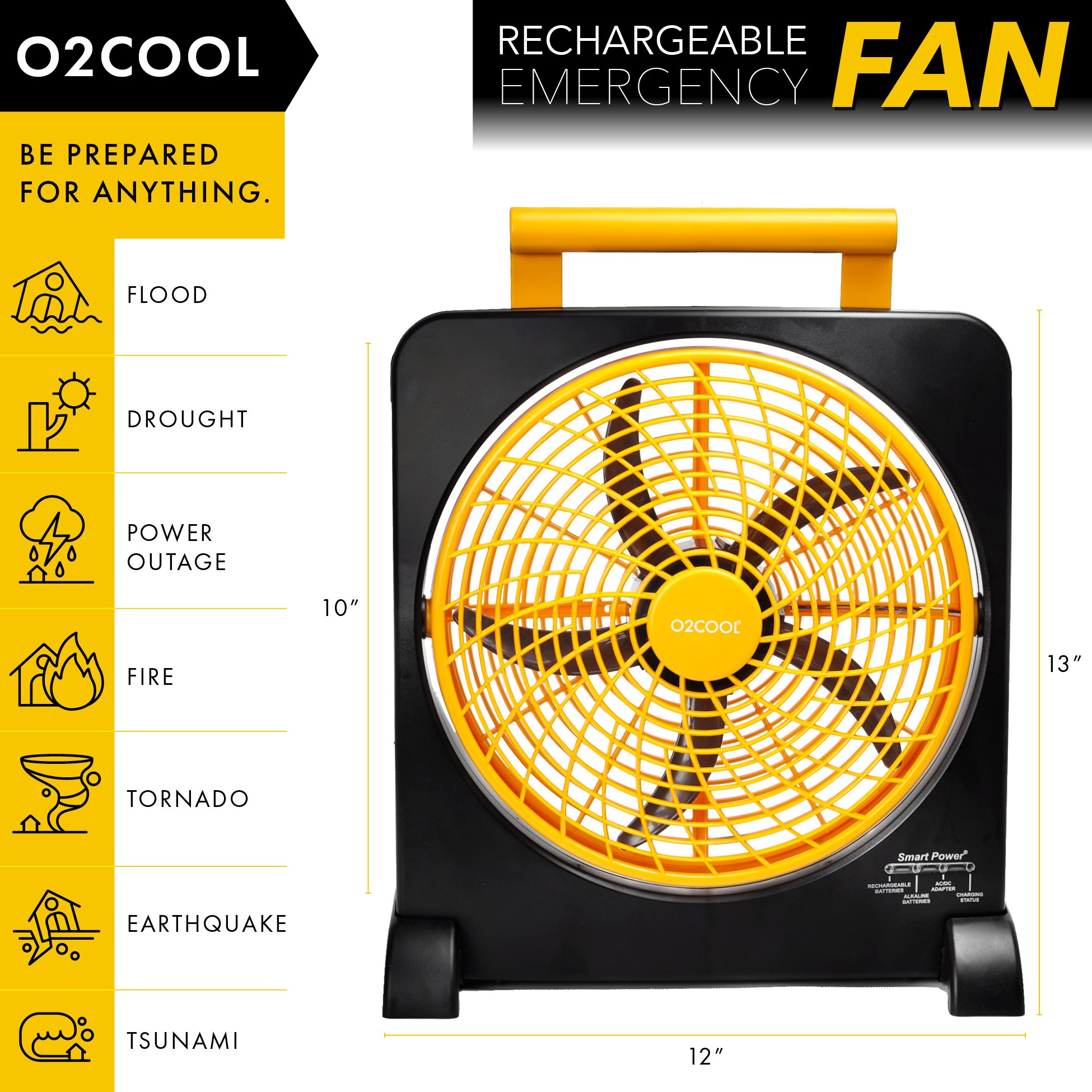 O2COOL 10-Inch Battery Operated Fan - Portable with Internal Rechargeable Battery, Multiple Power Options - AC/DC Adapter, USB Port for Emergencies, Camping, Travel, Indoor and Outdoor Use (Orange)