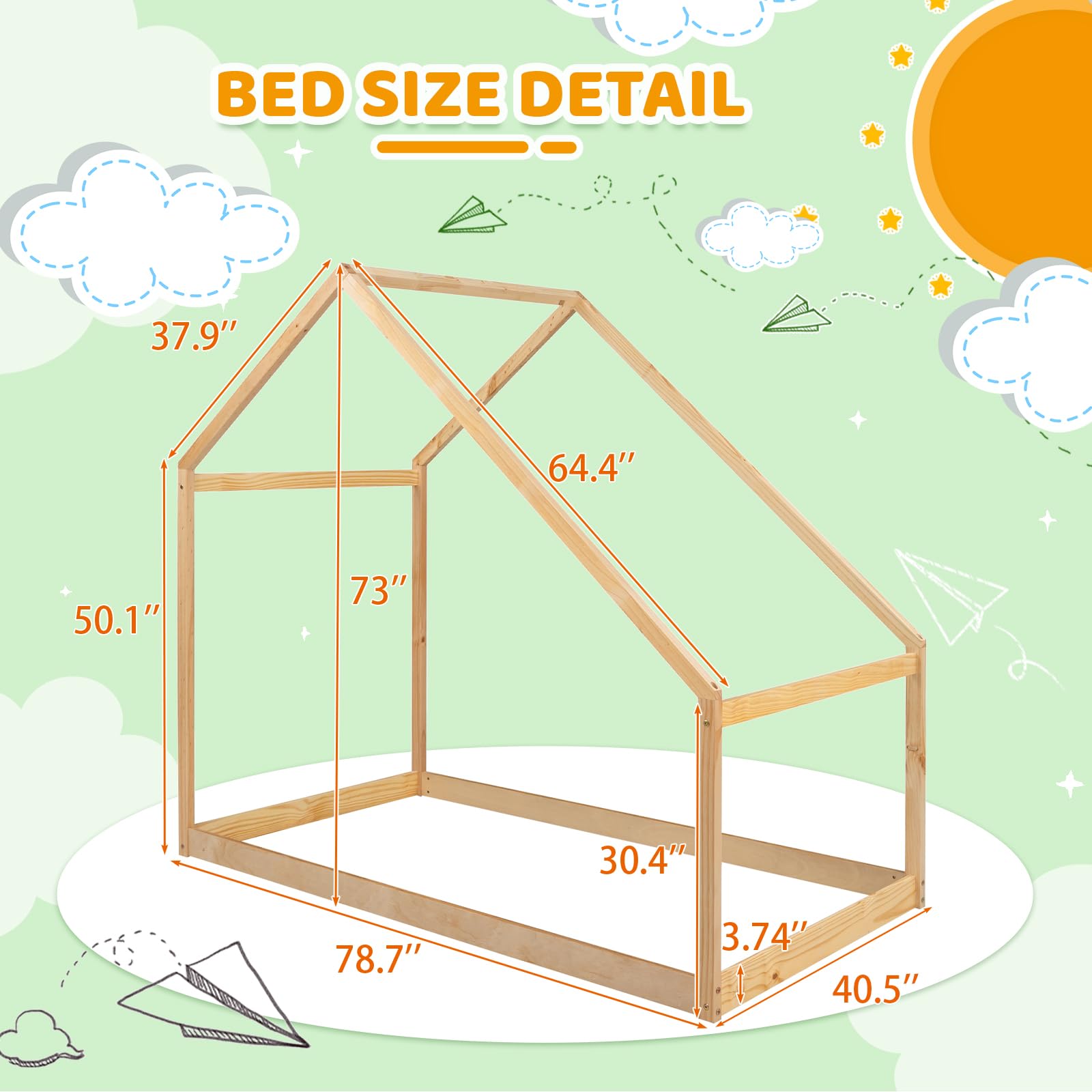 Merax Twin Bed Frames with Roof for Kids Girls Boys, Montessori Wooden House Shaped, Sturdy Framework, Easy Assembly, No Noise