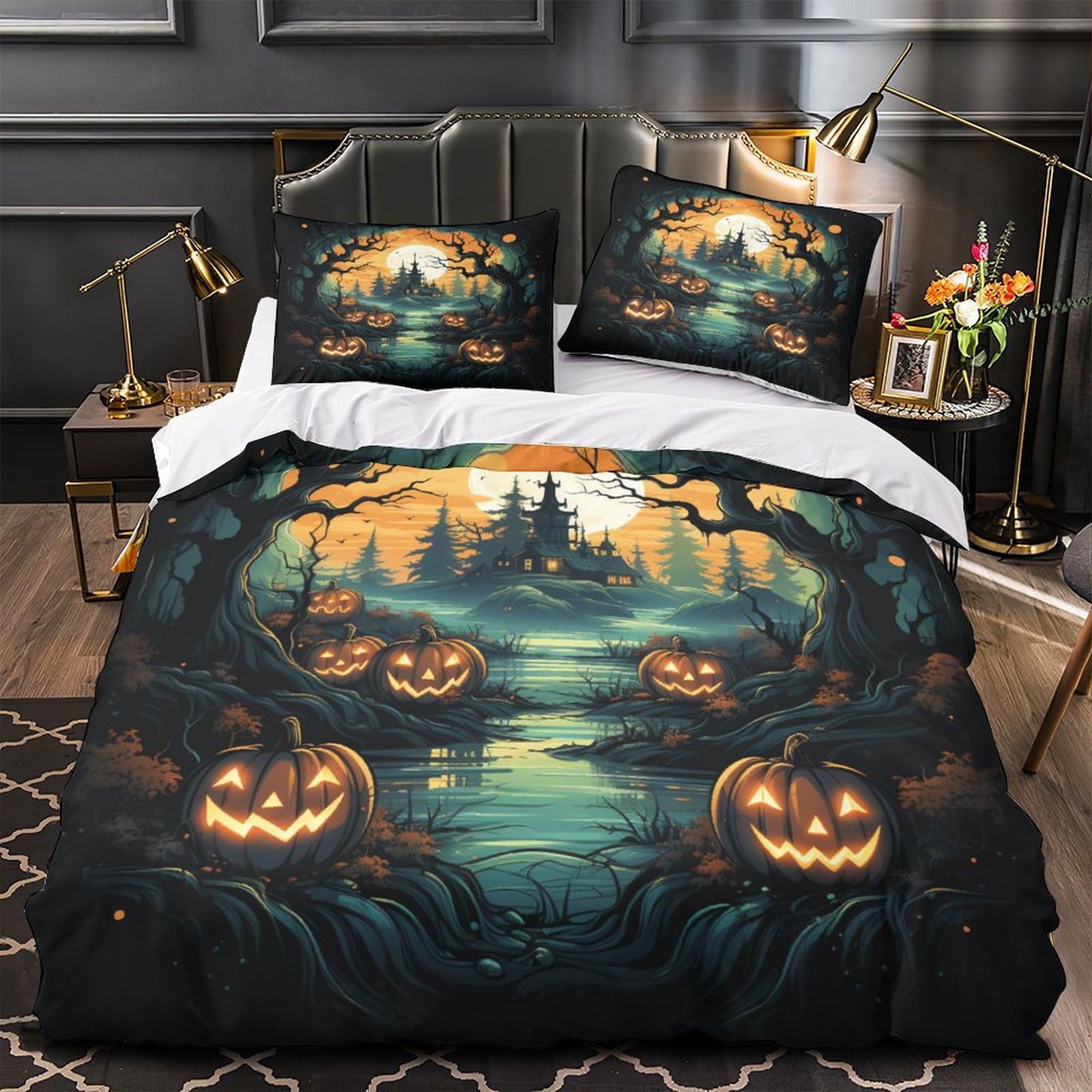 EVMILA Halloween Comforter Covers Duvet Cover Quilt Cover 3D Print Pumpkin for Teens and Adults with Pillow Cases with Zipper Closure Soft Microfiber Bedding Set 3 Pieces Queen(228x228cm)