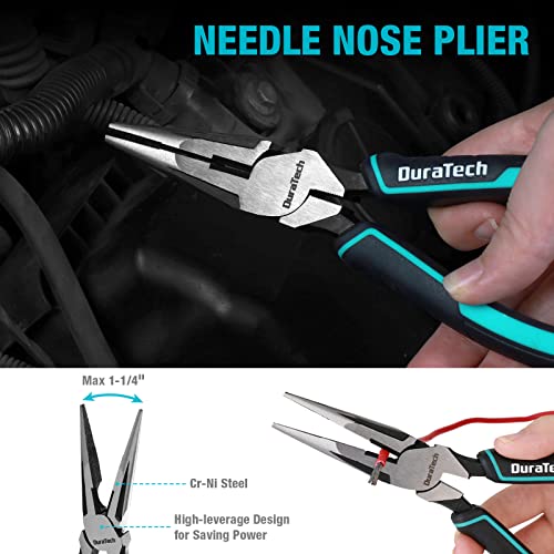 DURATECH 4-Piece Pliers Set, 8" Long Nose Pliers, 8" Slip Joint Pliers, 8" Groove Joint Pliers and 8" Adjustable Wrench, for Home Use