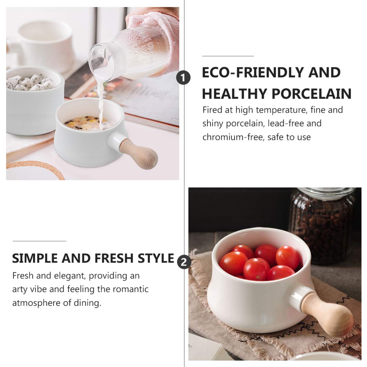 Cabilock Enamel Milk Pot Noodle Bowl Non-Stick Mini Saucepan Butter Warmer with Wooden Handle Small Cookware for Home kitchen Supplies Dessert Cereal Salad Fruit (White About 380ML)