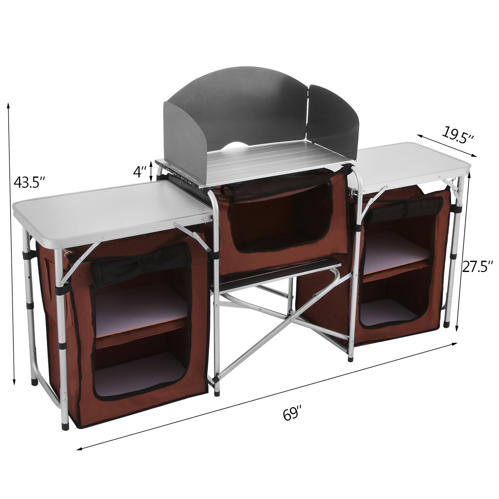 Camping Kitchen Table with Windscreen and Storage Cupboard Aluminum Folding Cooking Table Portable Camping Kitchen for Outdoor BBQ and Party
