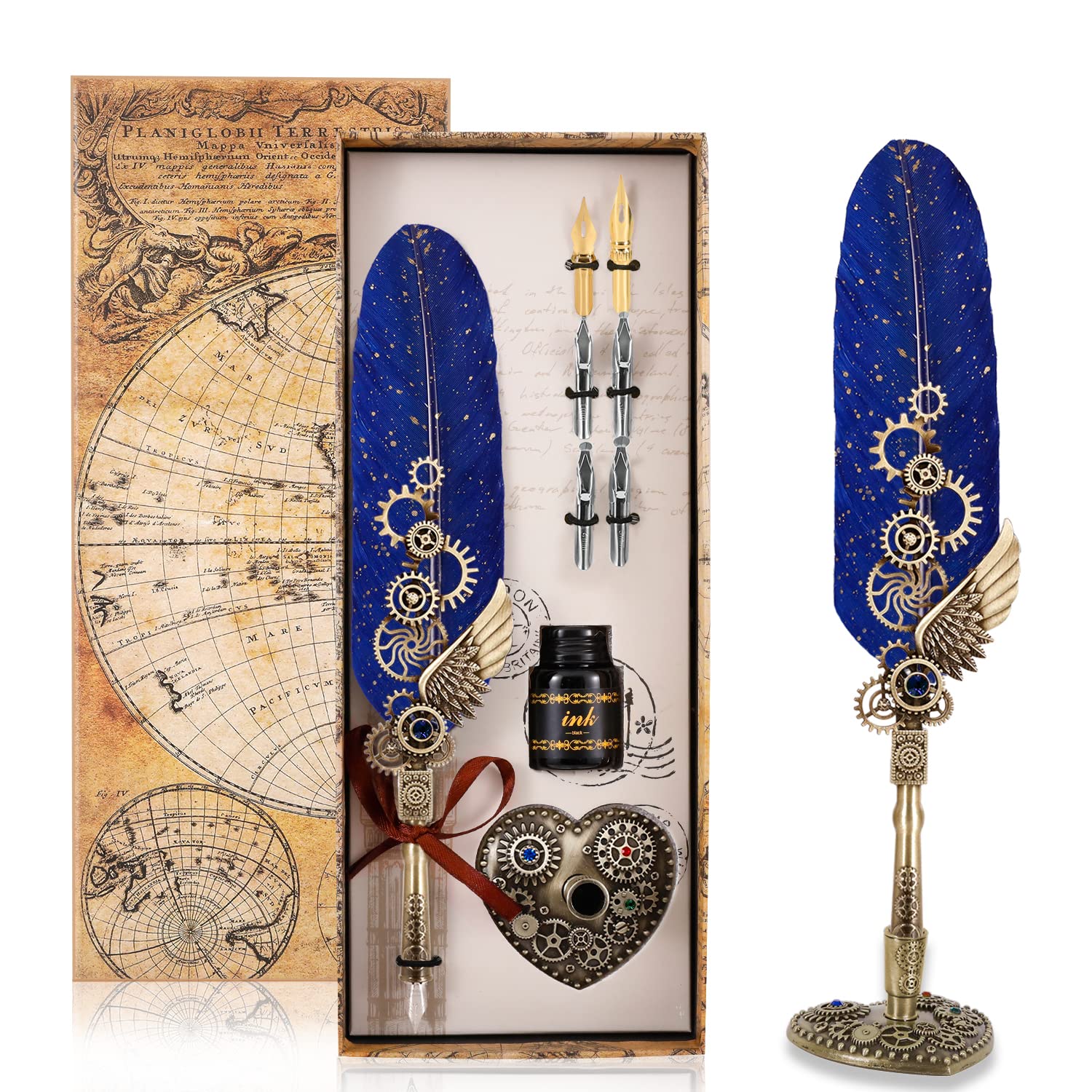 CALIYO Antique Quill Pen Ink Set, Feather Pen Calligraphy Pen Set, Mechanical Wing Quill Pen with Mechanical Exquisite Pen Holder, 6 Calligraphy Nibs, Suitable for Calligraphy Lovers(Blue Quill Pen)