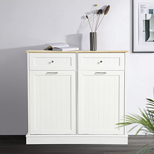 LOUVIXA Tilt Out Trash Can Cabinet Dog Proof with Double Wood Hidden Holder, Kitchen Free Standing Recycling Cabinet(White)