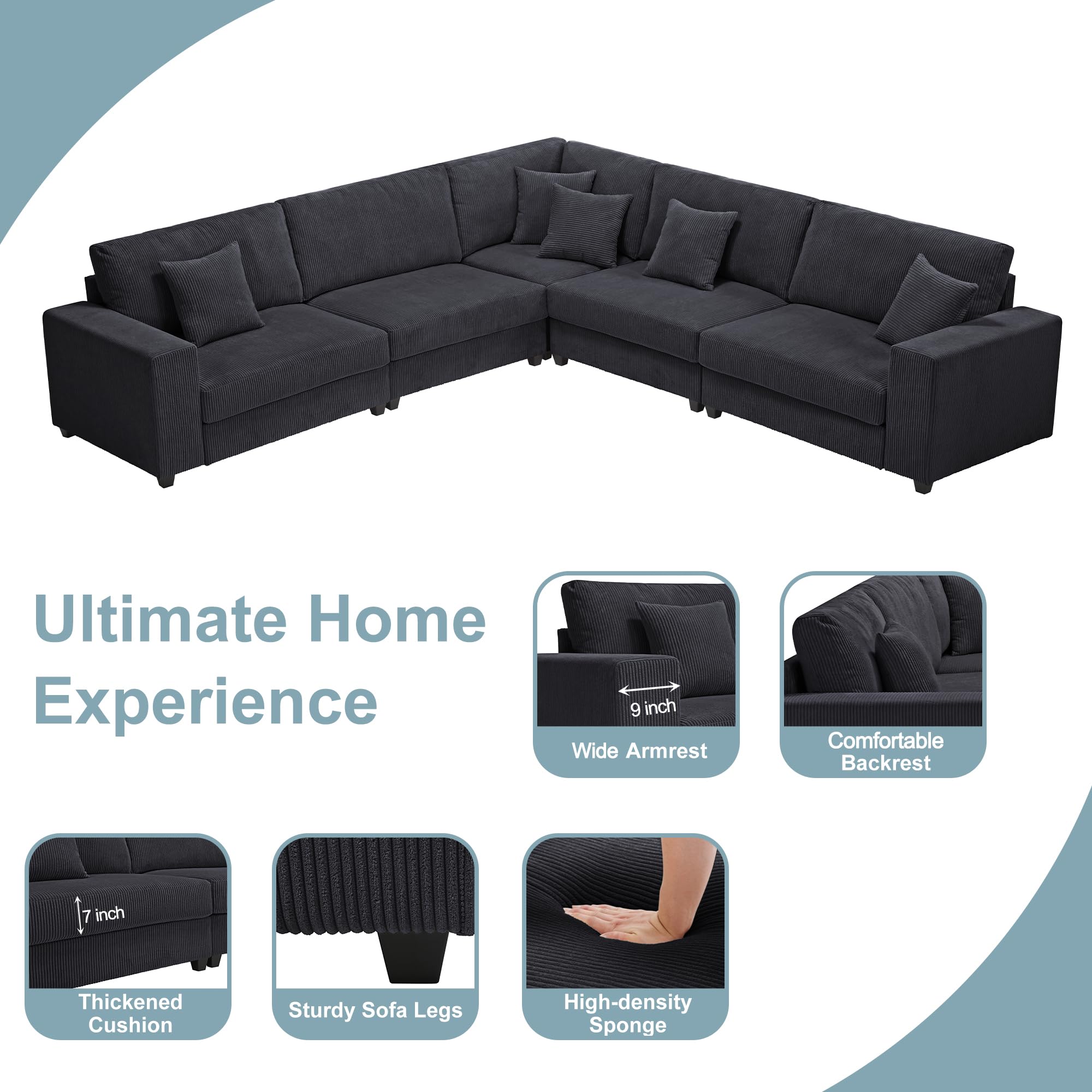 Familymill 117.2'' Oversized Symmetrical Modular Sectional Couches Set, Corduroy Upholstered Deep Seat Corner Sofa for Living Room (Dark Gray)