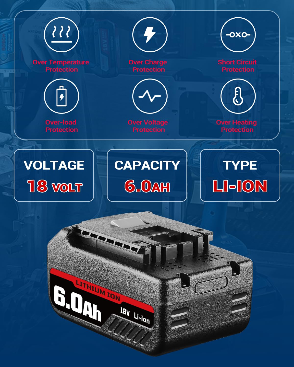 CEENR 2Pack 6.0Ah 18V BAT609 Battery Compatible with Bosch 18V Battery Li-ion Battery Replacement BAT609G BAT609 BAT618 BAT618G BAT619 BAT622 BAT612