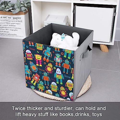 Cute Cartoon Robots Storage Cubes with Handles Foldable Fabric Bins Organizing Baskets for Shelves Closet