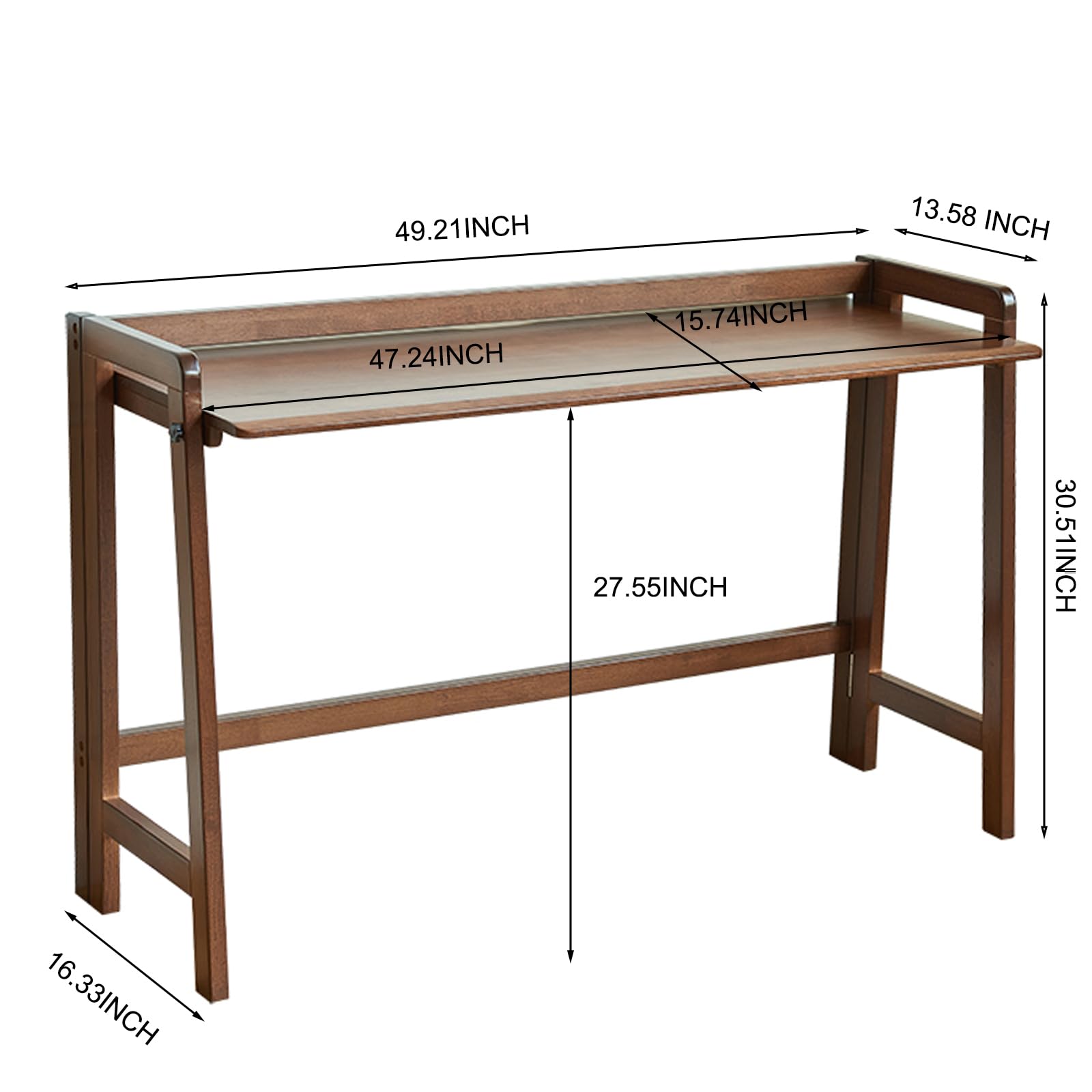 Solid Wood Folding Desk Mid Century Modern Desk, 47'' Foldable Writing Computer Desk for Home Office, Simple Study Makeup Workstation, Wooden Study Office Desk Table for Small Spaces, Walnut Color