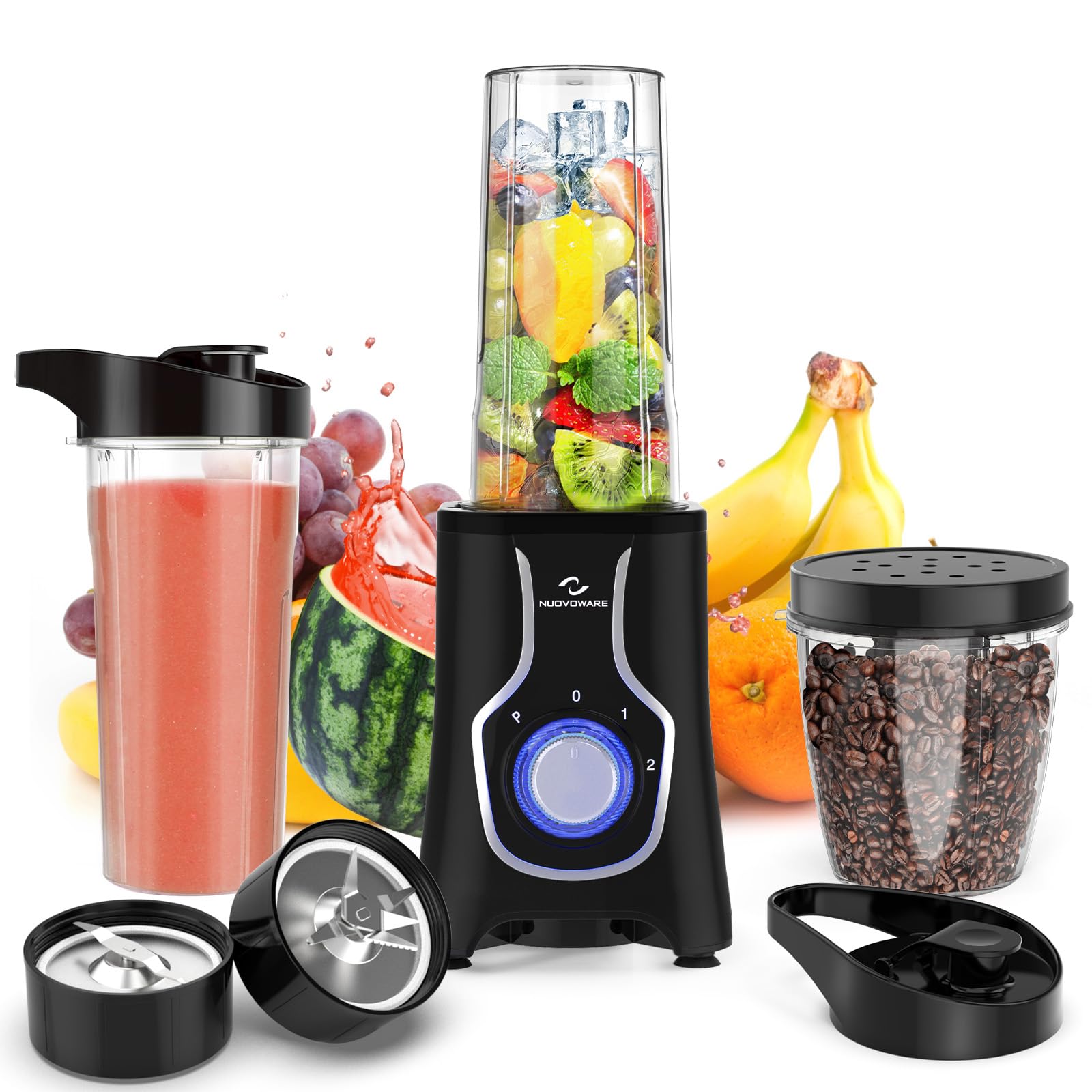 Nuovoware Portable Blender for Shakes and Smoothies, 12 PCS Personal Size Blenders with 6-Edge Blade, 600W Smoothie 2 * 20oz Bottle, 3 Speeds Juice, Protein Drinks, Matte Black