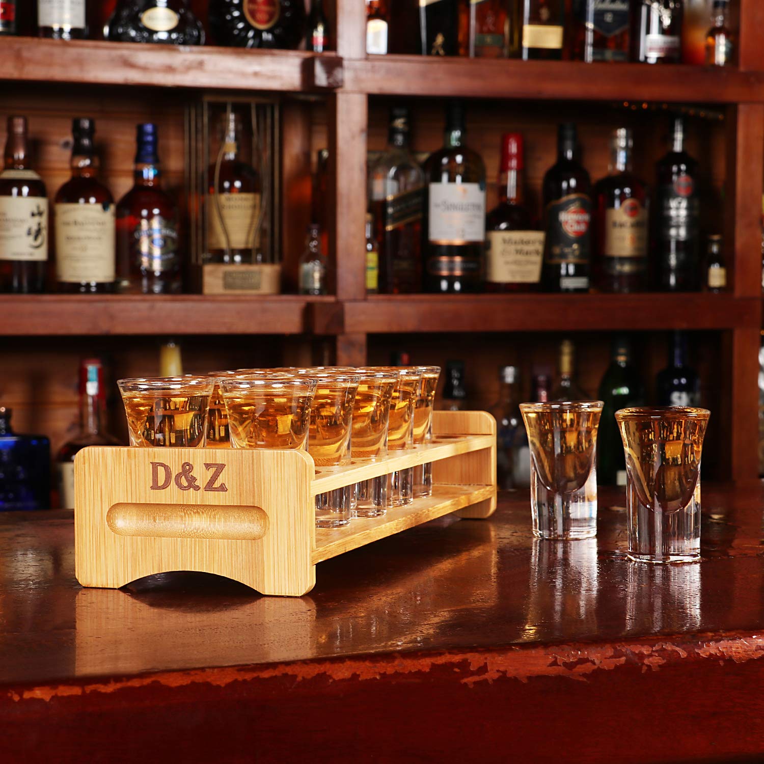 D&Z Bamboo Wooden Shot Glass Holder/Tray with 12 Crystal 1oz Clear Shot Glasses