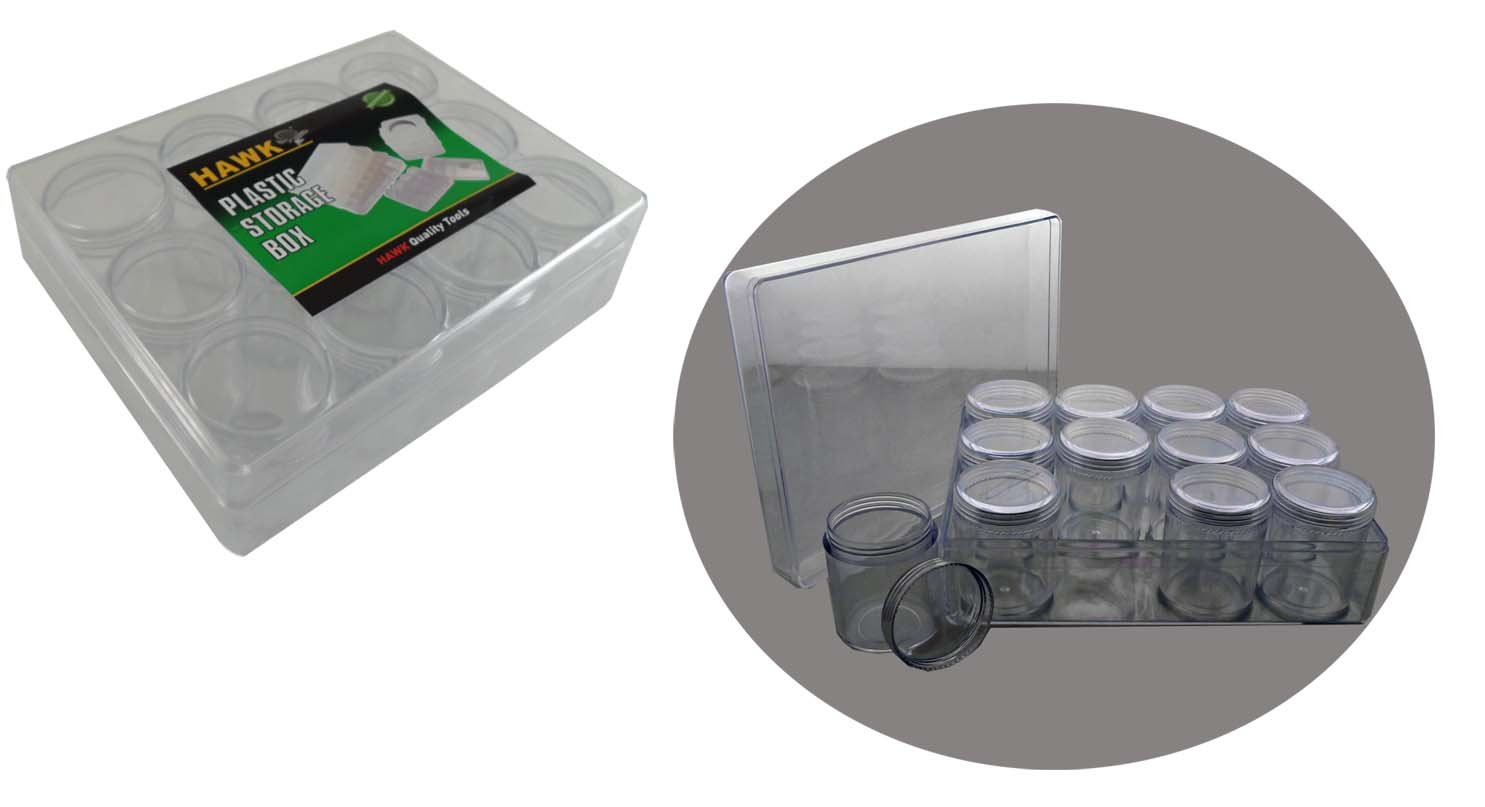 ToolUSA 12 Plastic Jars With Screw-on Lid In A Clear, Plastic Box: TJ-48846