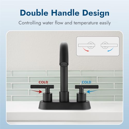 Cinwiny Matte Black Bathroom 4 Inch Centerset Sink Faucet SUS304 Double Handles Swivel Spout Deck Mount Mixer Tap with Pop-up Drain Lavatory Bathroom Vanity Faucets