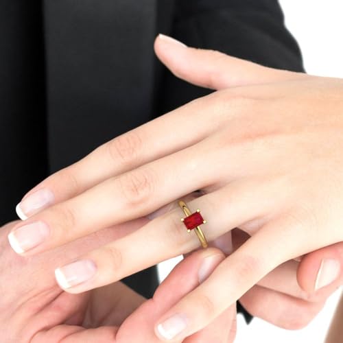 Clara Pucci 1.0 Carat Emerald Cut Custom Engraving Solitaire faux Red Ruby Engagement Wedding Everlasting Ring 14k Yellow Gold 4.25
