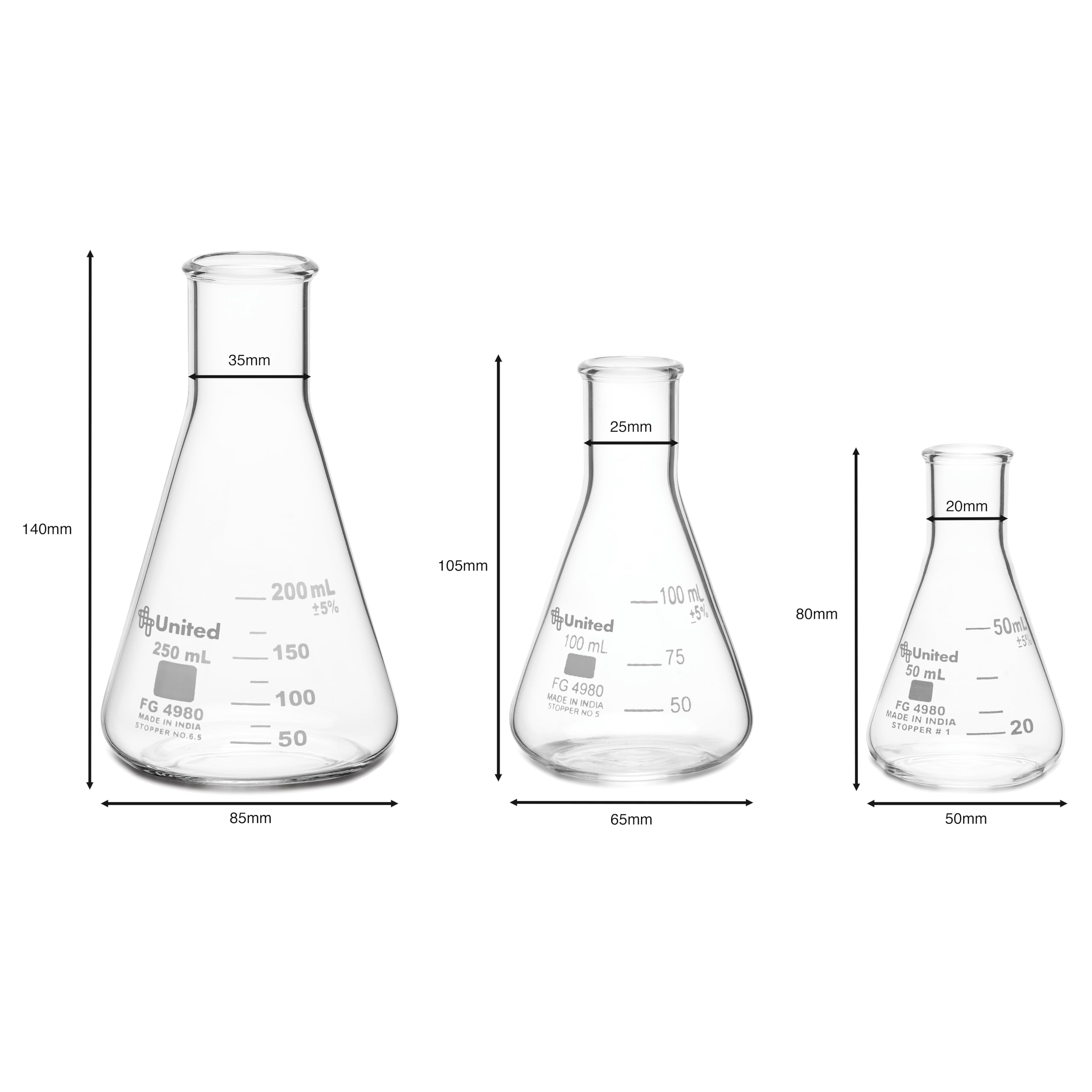 United Scientific™ Advanced Glassware Set of 9, Beakers 50ml, 100ml, 250ml, Class A Cylinder 10ml, 50ml & 100ml & Erlenmeyer Flasks 50ml, 100ml & 250ml