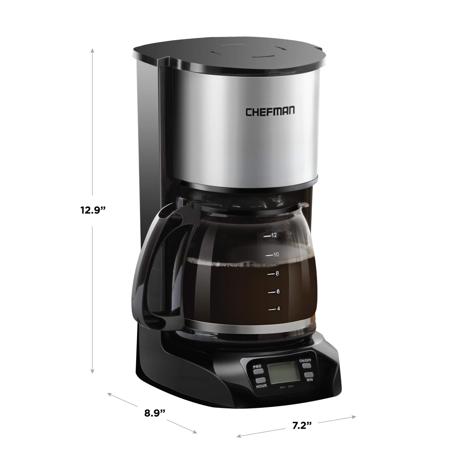 Chefman 12-Cup Programmable Coffee Maker, Electric Brewer, Auto Shut Off, LCD Display With Auto-Brew Function, Anti-Drip Pot, Reusable Filter for Fresh Grounds, Round Stainless Steel, Glass Carafe