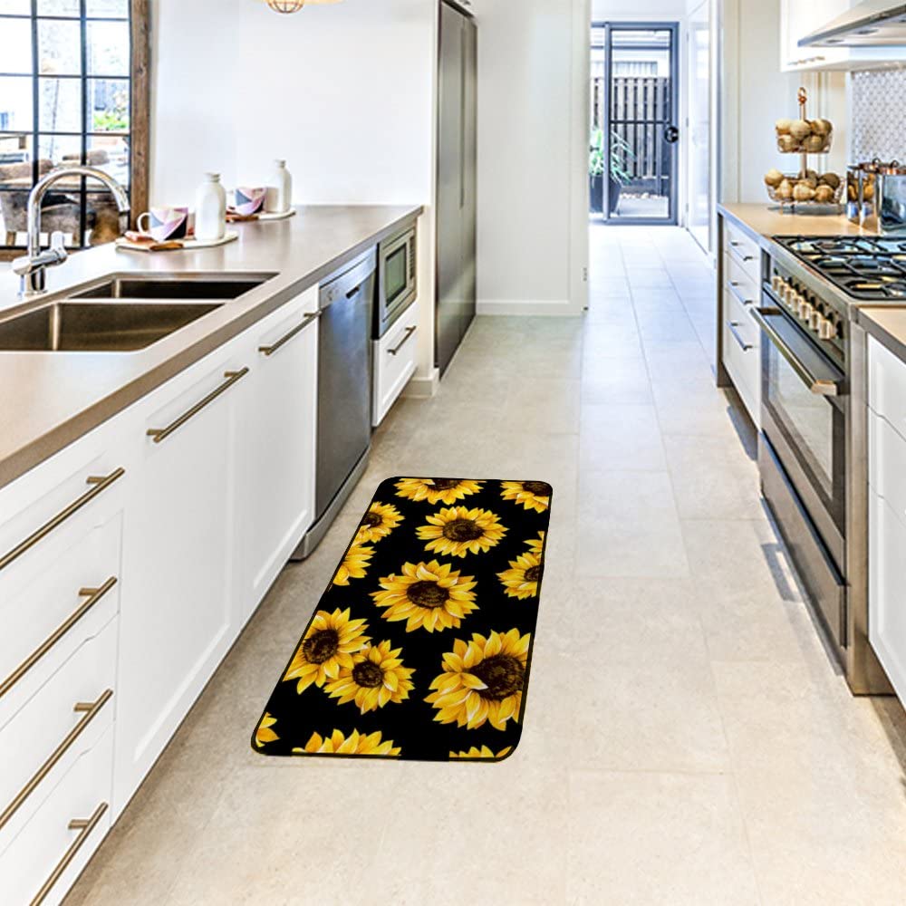 BVOGOS Kitchen Rug, Floor Mat Sunflower Black Design Non Slip Runner Doormat for Kitchen Bathroom Decor - 39 x 20 inches
