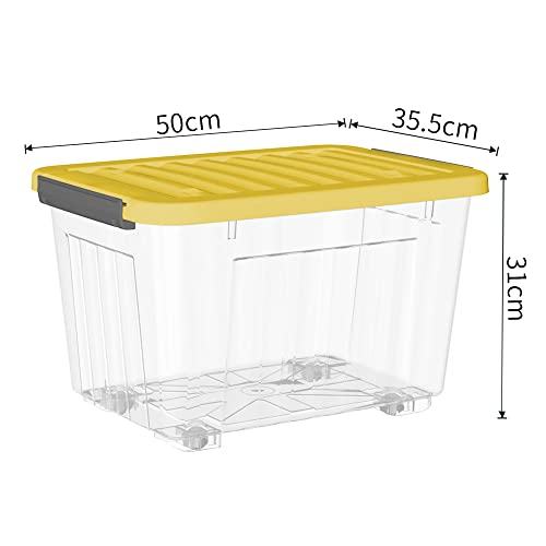 Cetomo 35L*3 Plastic Storage Box,Transparent, Tote box,Organizing Container with Durable yellow Lid and Secure Latching Buckles, Stackable and Nestable, 3Pack, with Buckle