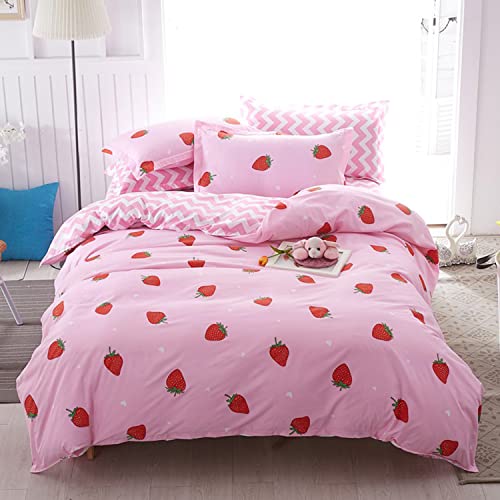 HALOZI Duvet Cover Set Full Size Strawberry Pink Stripes Reversible Luxury Soft Bedding Set Comforter Cover with Zipper Closure and Corner Ties (1 Duvet Cover+2 Pillowcases)(Full(80X90) inch)