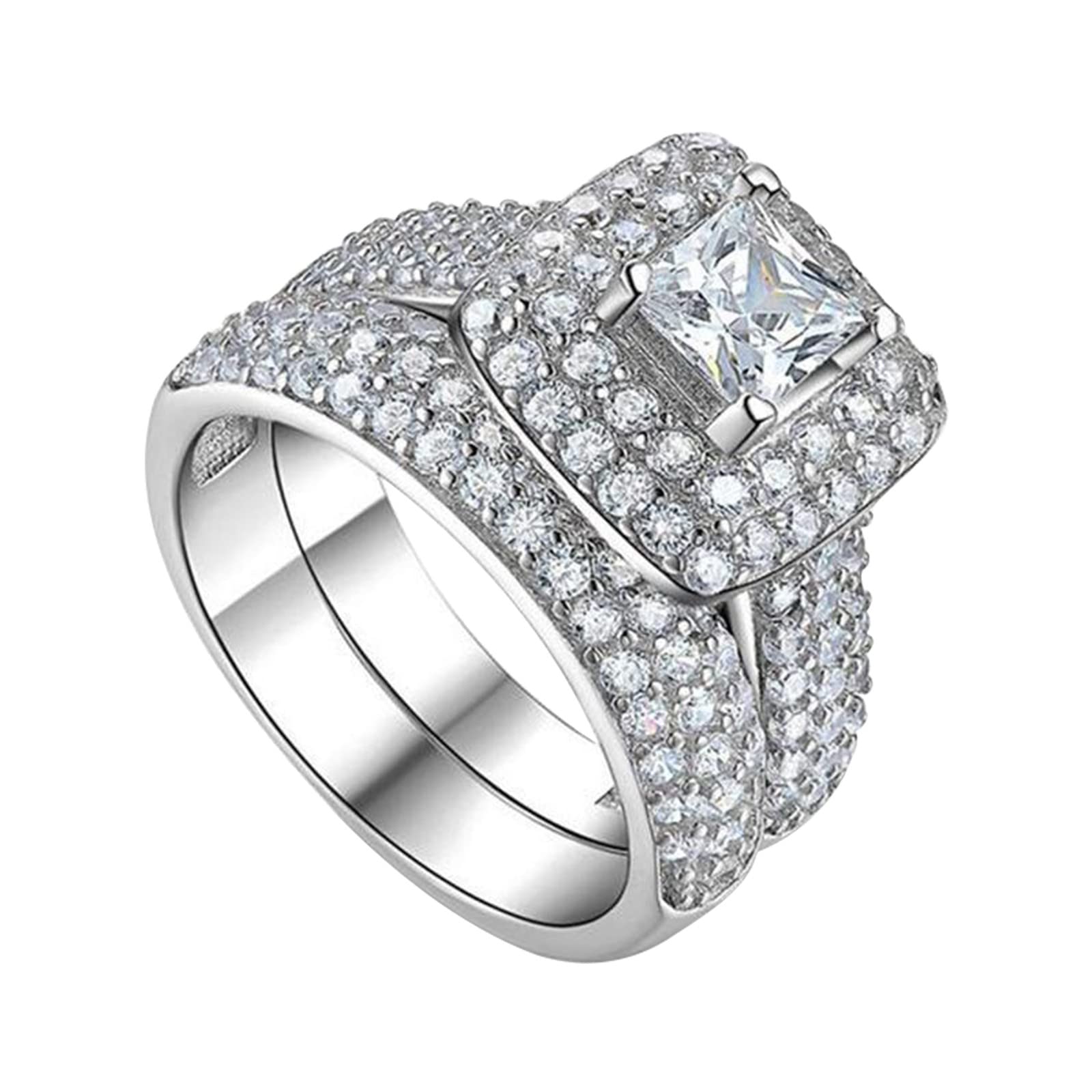 BLUGY 2pcs Ring Set Couple Rings Princess Square Diamond Set Ring Fashion Luxury Engagement Wedding Jewelry for Valentine's Day