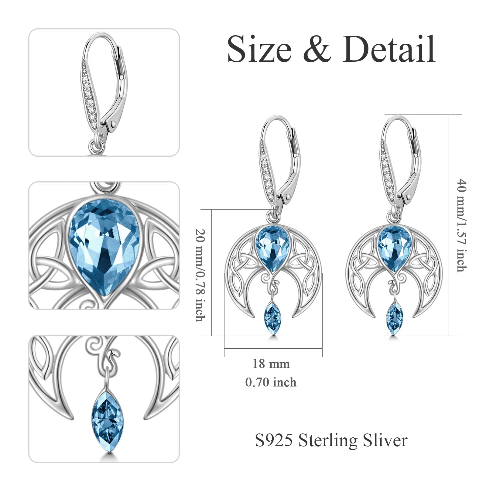 Celtic Moon Earrings 925 Sterling Silver Crescent Moon Leverback Dangle Drop Earrings with Simulated Aquamarine Birthstone Crystal Celtic Irish Jewelry Gifts for Women