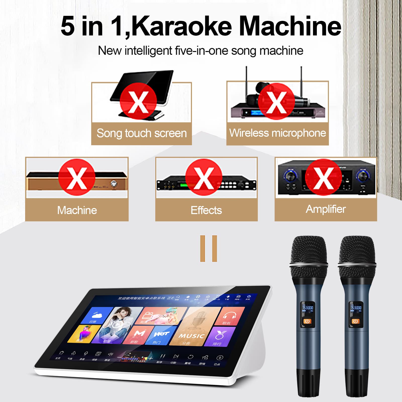 Blume 18.5” 5 in 1 Chinese Karaoke Machine, 4K Led Touch Screen, Bluetooth & App Control Karaoke Singing Player with Reverb 2 Wireless Mic, YouTube Movie Online Update (4T)