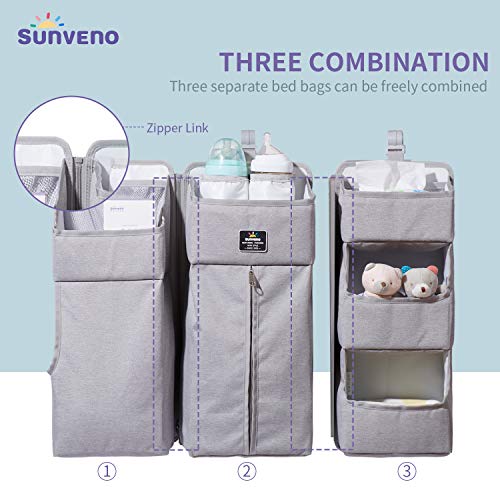 SUNVENO 3-in-1 Detachable Changing Table Diaper Organizer, Crib Hanging Diaper Organizer for Baby Essentials Storage, Grey