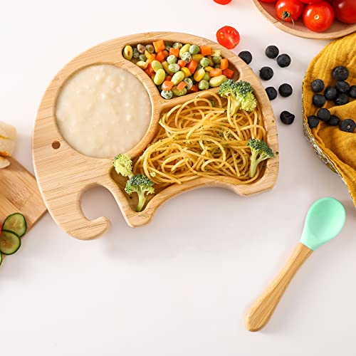 Mamimami Home Bamboo Baby Plate - Silicone Suction - Toddler Food Plate with Fork and Spoon - Baby Led Weaning Plate Feeding Utensils Set, BPA Free (Green Elephant)