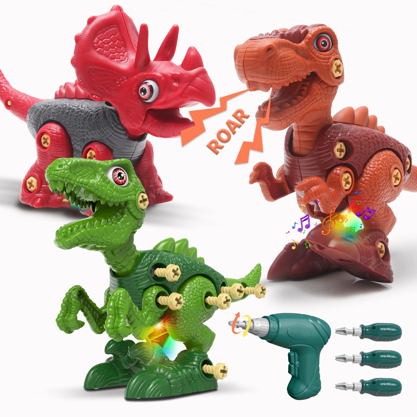 UNIWA Take Apart Dinosaur Toys, Dinosaur Toys with Dino Roar, STEM Construction Building Toys for Kids 3-5 5-7 with Electric Drill, Party Birthday Easter Gifts for 4 5 6 7 8 Year Old Boys Girls
