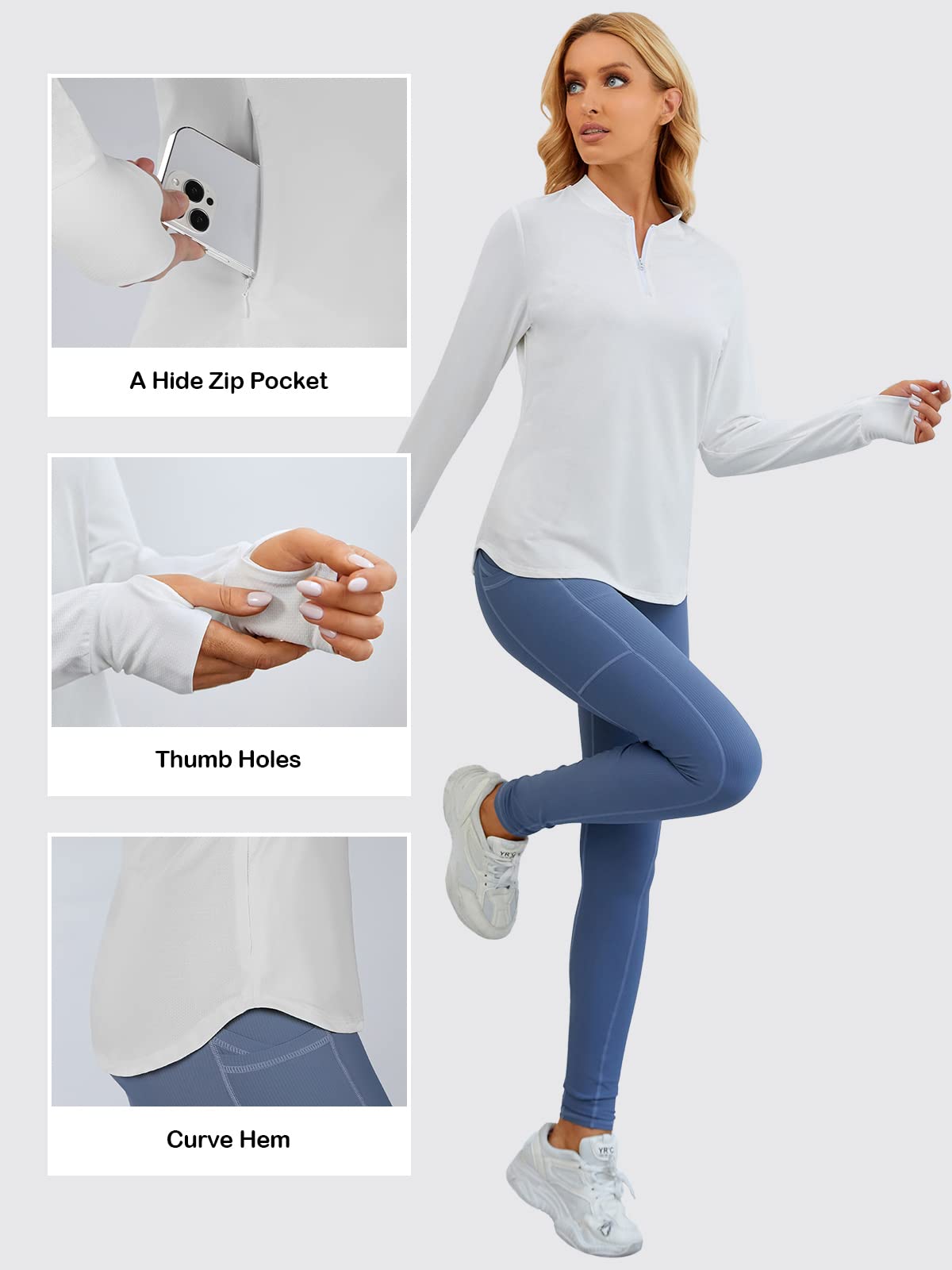 BMJL Women's UPF 50+ Workout Long Sleeve Yoga Shirts Running Hiking Shirts1/4 Zip Pullover Quick Dry Athletic Tops(M,White)