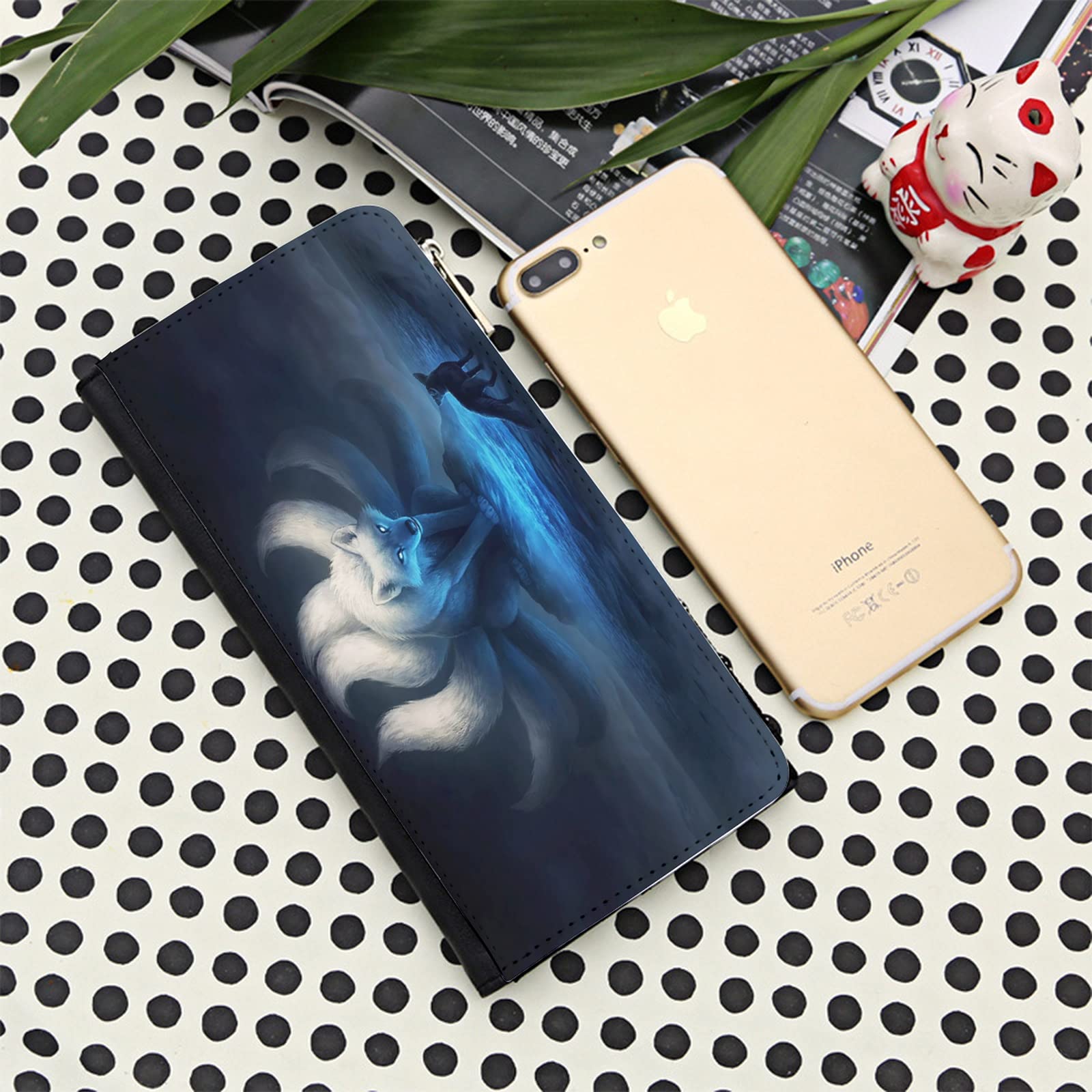 Wallets for Women,Fierce Nine-Tailed Fox,Genuine Leather Credit Card Holder with RFID Blocking Large Capacity Wristlet Coin Purse