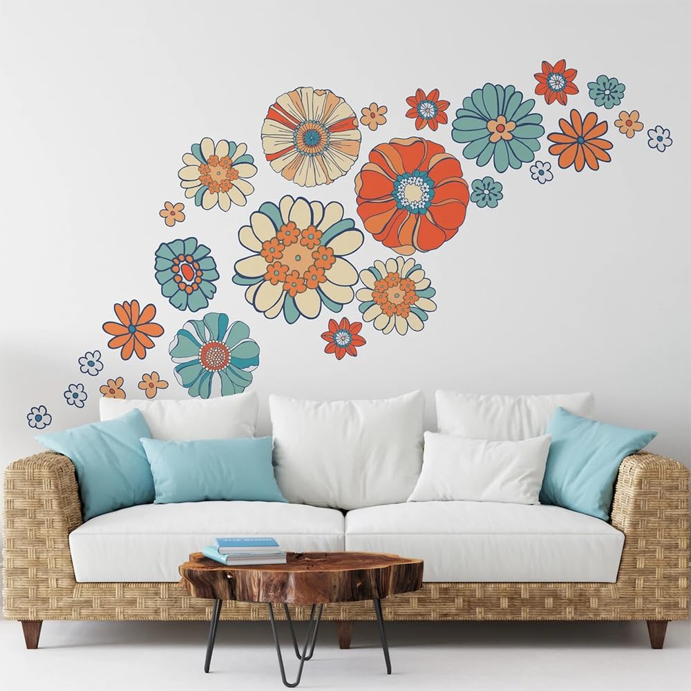 Fanwaoo Boho Retro Flower Wall Decals Vintage Floral Wall Stickers Colorful Hippie Flower Wall Art Decor for Living Room Bedroom Sofa TV Wall