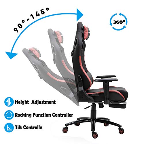 walsport Reclining Gaming Chair with Footrest High Back Computer Chair Back Support Office Chair Ergonomic Video Game Chairs for Teens Gtracing Gaming Chair (Black-Red)