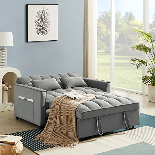 FULife Bed Convertible Sofa Pull-Out Sleeper, Loveseat Futon Sofá Chair w/Adjustable Reclining Backrests,Side Pockets&2 Pillows,Velvet Small Love Seat Lounge Couch, Grey-b