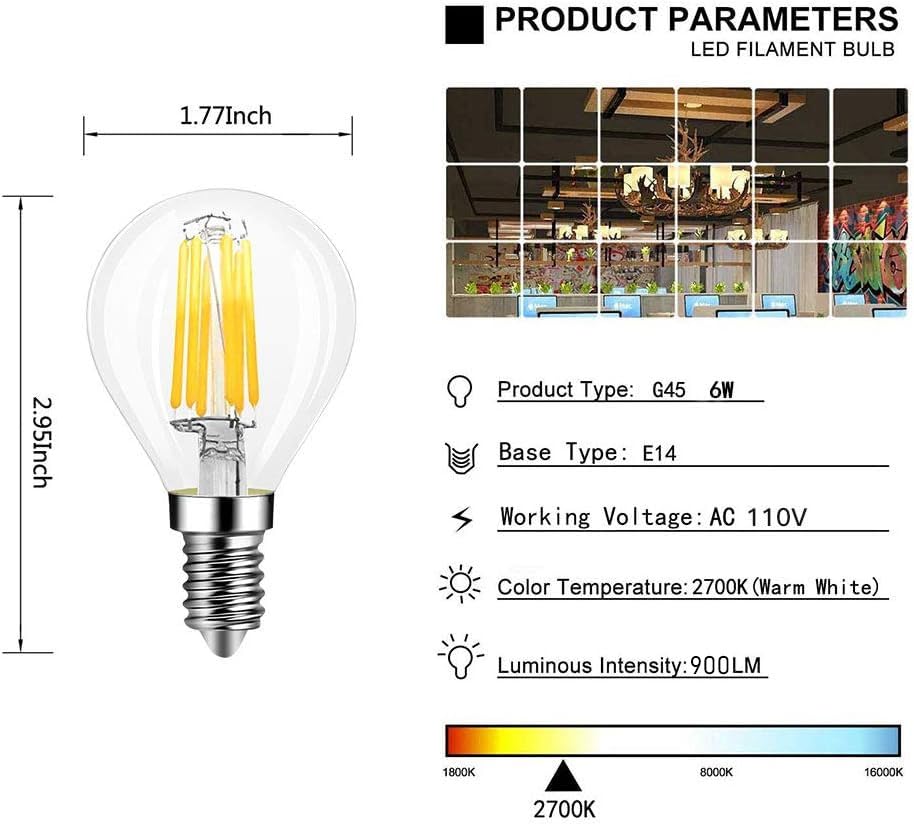 E14 6W G45 Dimmable LED Filament Bulb, 2700K Warm White 900LM Edison Candle Light Bulb, G45 Clear Glass Globe Cover, 60 Watt Equivalent, AC 110V,4-Pack