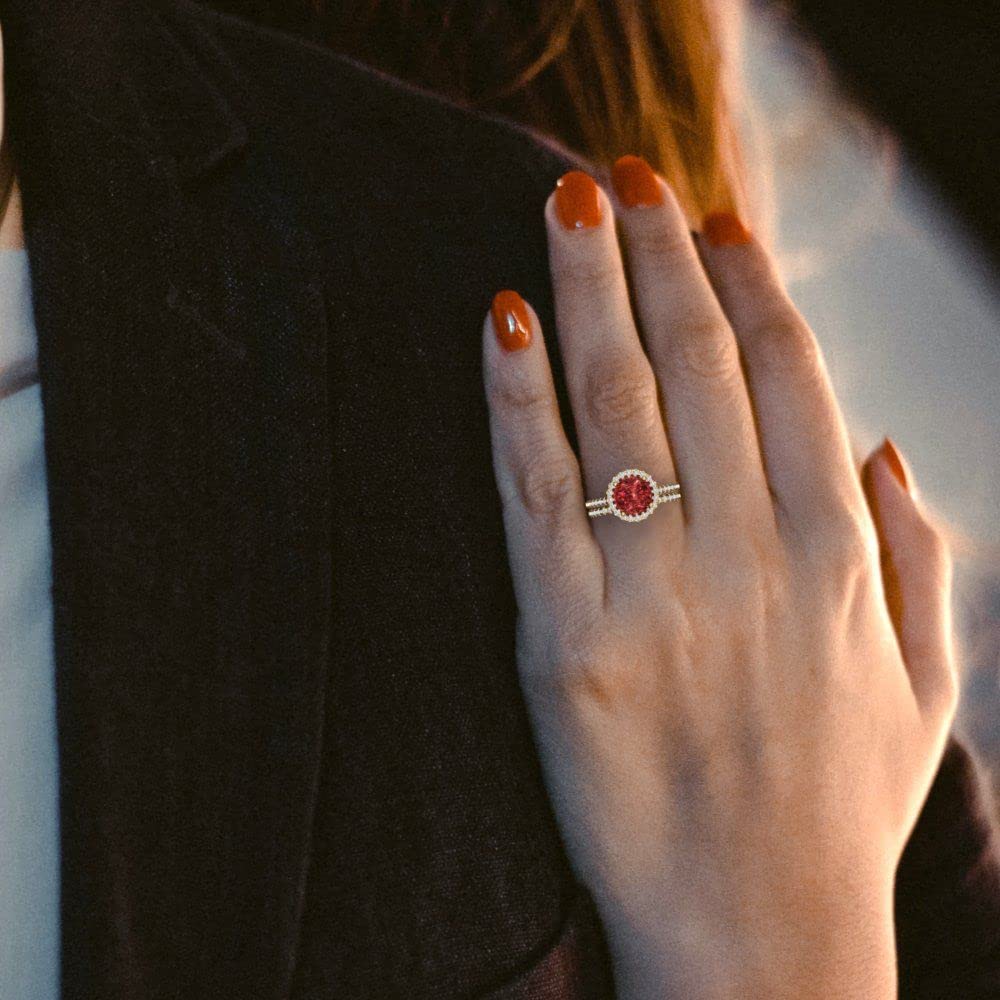 Clara Pucci 2.82 ct Round Cut Halo Solitaire Natural Red Garnet Designer Art Deco Statement Wedding Ring Band Set 18K Yellow Gold 7