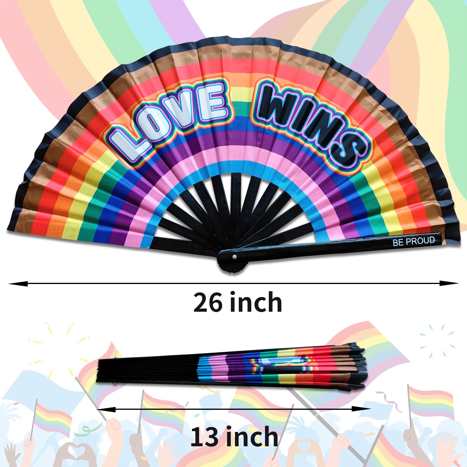 bmuvghi Rainbow Folding Fan Pride Hand Held Fan Gay Pride Stuff Large Clack Hand Fan Foldable Rave Fan for LGBTQIA+ Pride Parade Pride Accessories Stuff