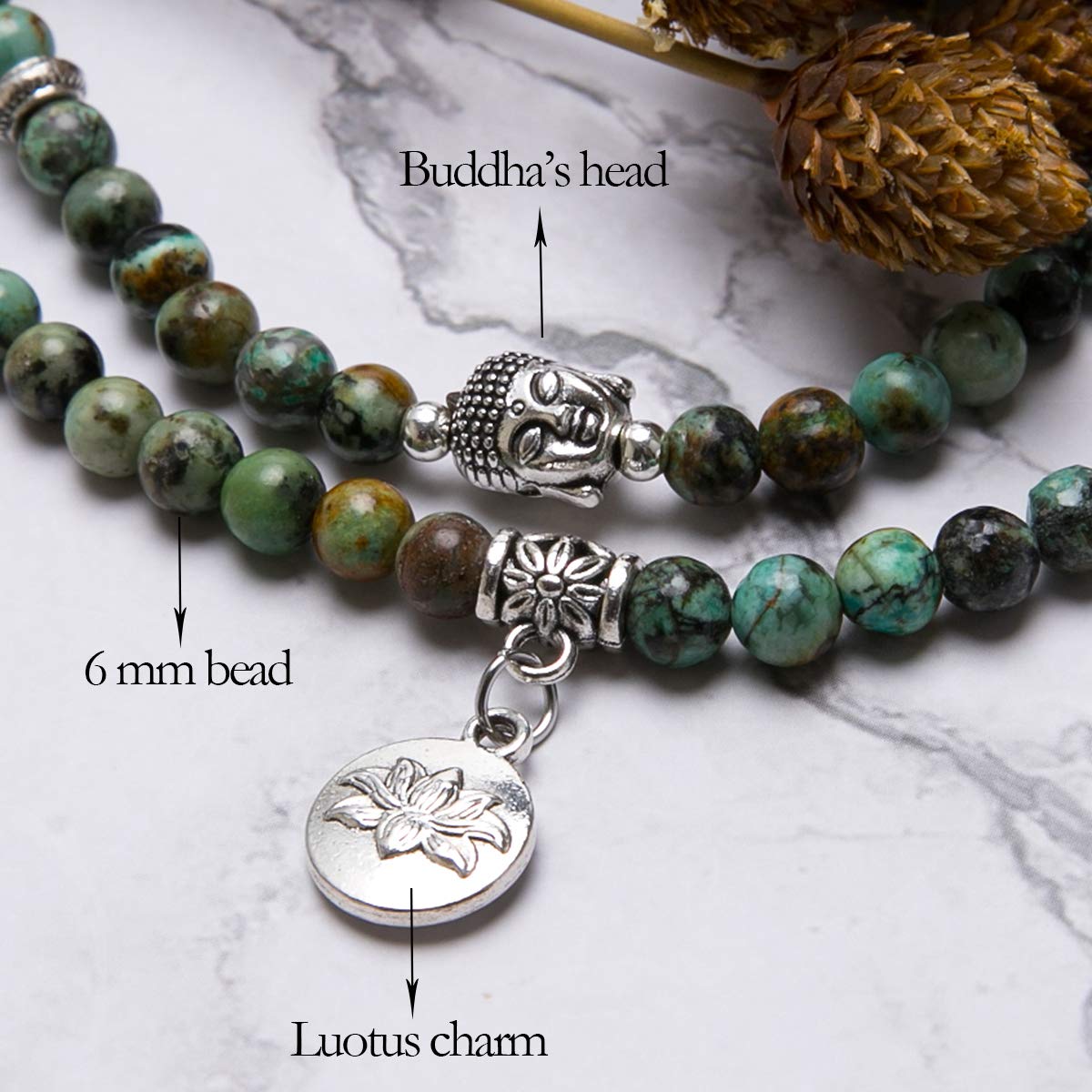 Bivei 108 Mala Beads Necklace Beaded Wrap Bracelets Genuine Gemstone Mala Prayer Beads Lotus Charm Yoga Meditation Necklace - African Turquoise