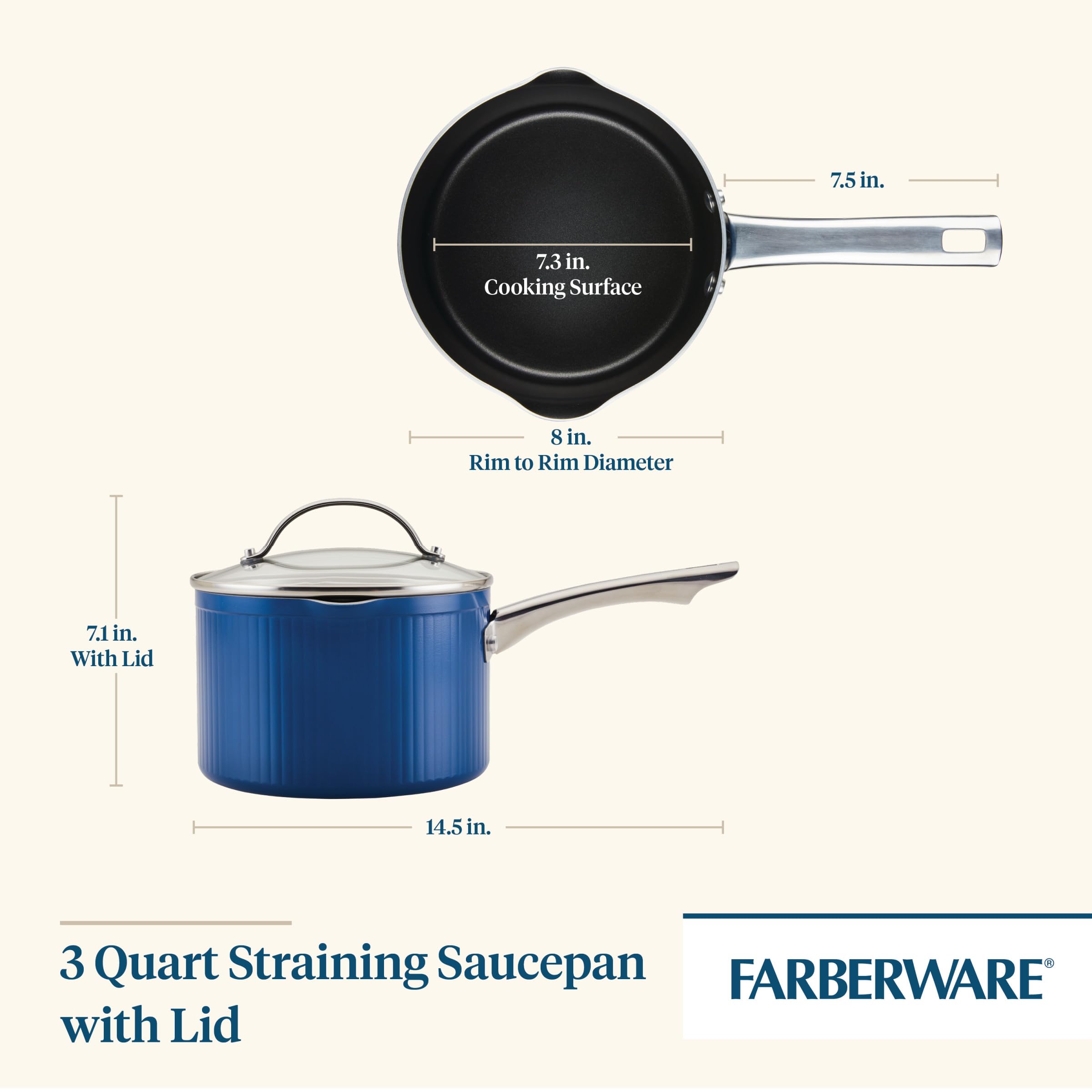 Farberware Style Nonstick Cookware Straining Saucepan with Lid, 3 Quart, Blue