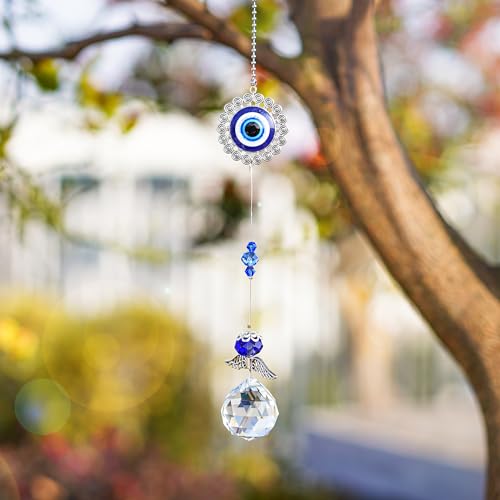 Crystal Angel Suncatcher with Feng Shui Turkish Blue Evil Eye Protection and Good Luck Charm Gift