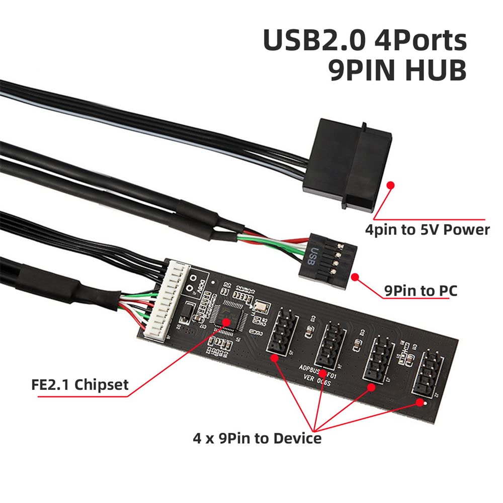 cablecc USB 2.0 9pin 10pin Header 1 to 4 Female Splitter Extension Cable HUB with IDE 5V Power Connector Adapter Port Multilier