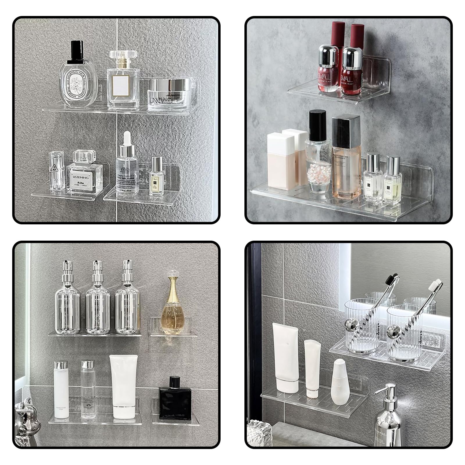 FarBoat 2pcs Acrylic Floating Shelves Adhesive Wall Mount Mini Shelf No Drill for Light-Weight Use in Bathroom Kitchen Living Room (9-3/4in Transparent)