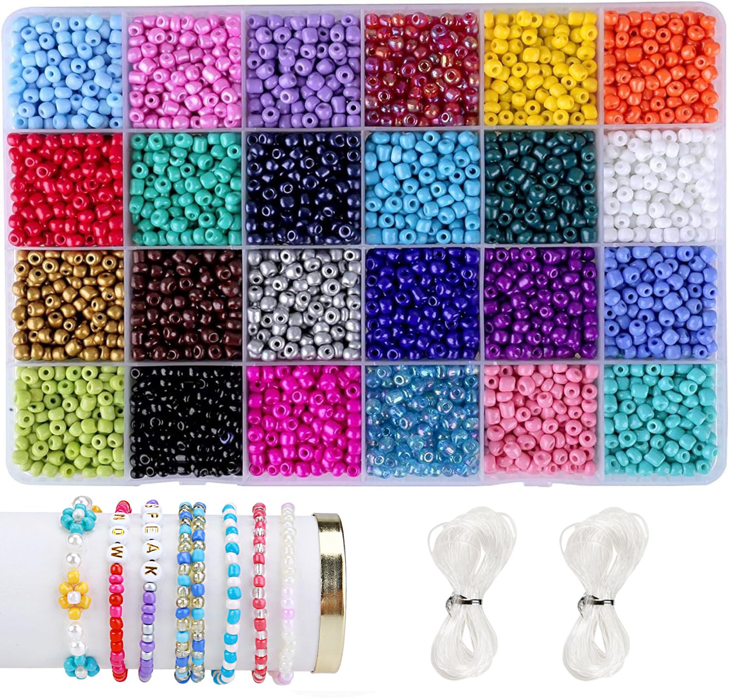 Efivs Arts 5000pcs Seed Beads 24 Colors 6/0 4mm Round Loose Pony Beads Waist Craft Beads Kit Rainbow Beads DIY Crafting