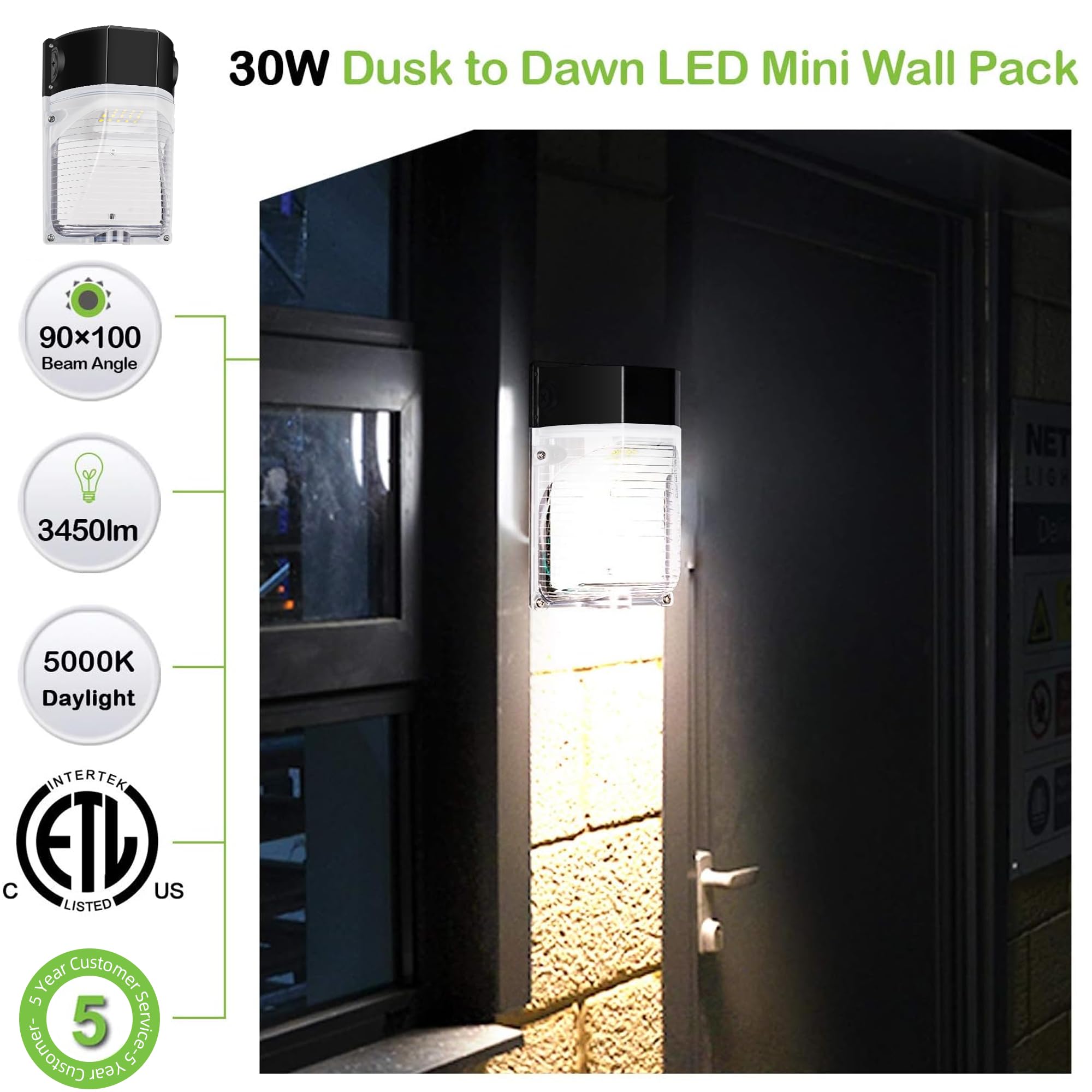 Hykolity Update 30W LED Wall Pack Light with Photocell, 3450LM 5000K Daylight Dusk to Dawn 120V LED Outdoor Wall Mount Light, 150-250W MH/HPS Replacement, Waterproof Security Lighting-4 Pack