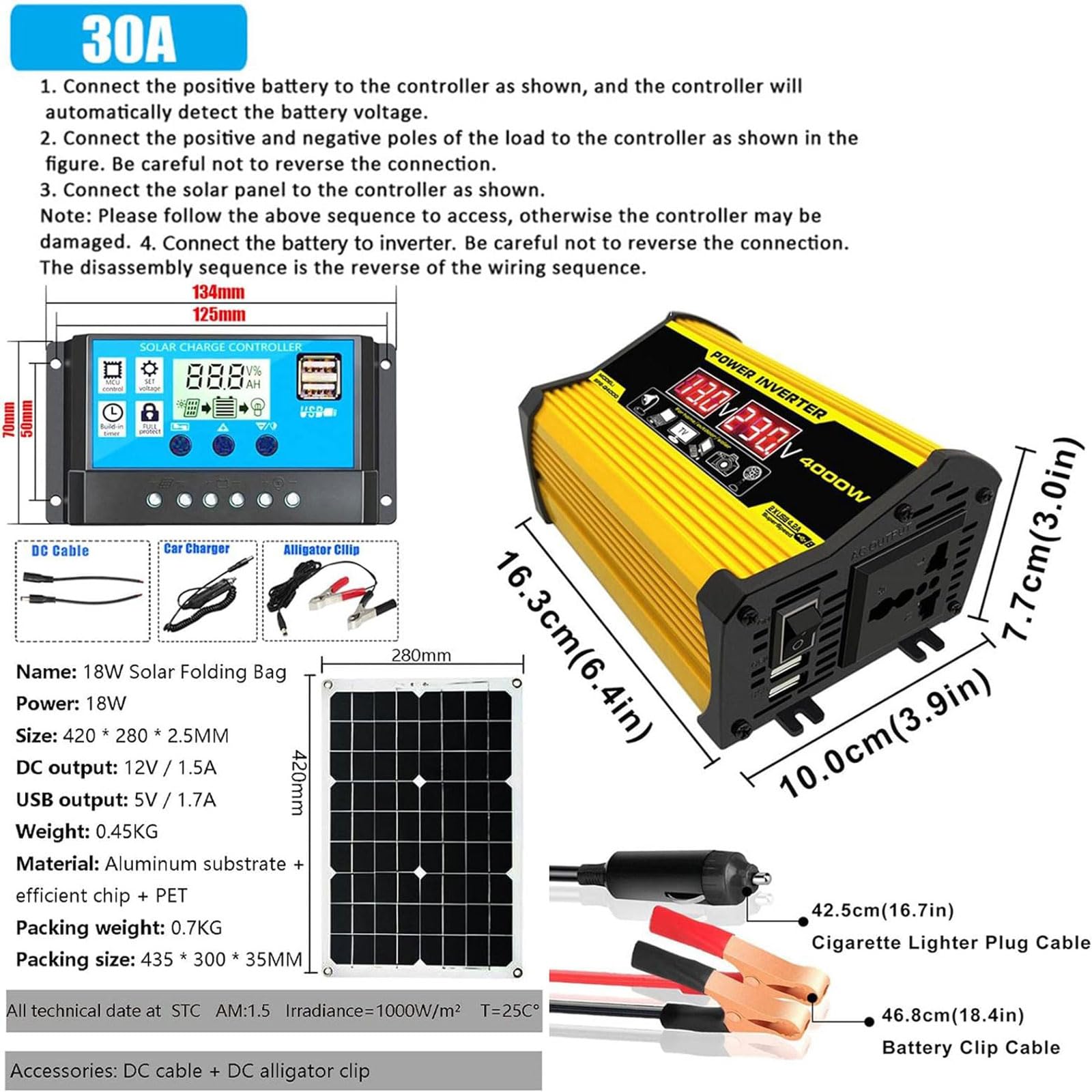 CANEVE Complete Solar Panel Kit, 18W Waterproof Solar Panel and 4000W Solar Inverter, 12V Solar 30A Controller with 2 USB Ports and LED Display for Home RV Boat Portable Car Charger,Black