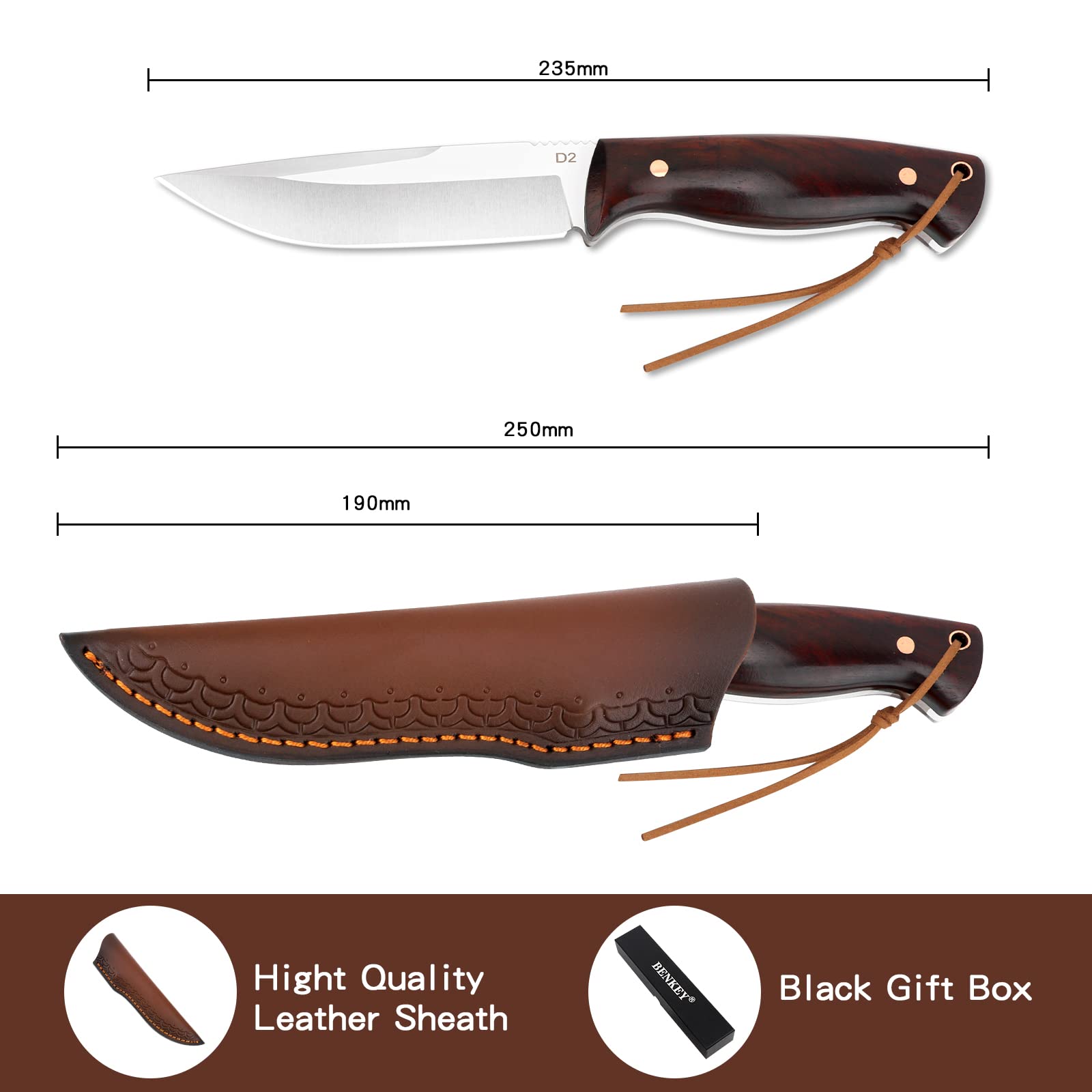Benkey VG10 Damascus Natural Abalone Seashells Pocket Knife with Clip Leather Sheath and Fixed Blade Hunting Knife Bundles