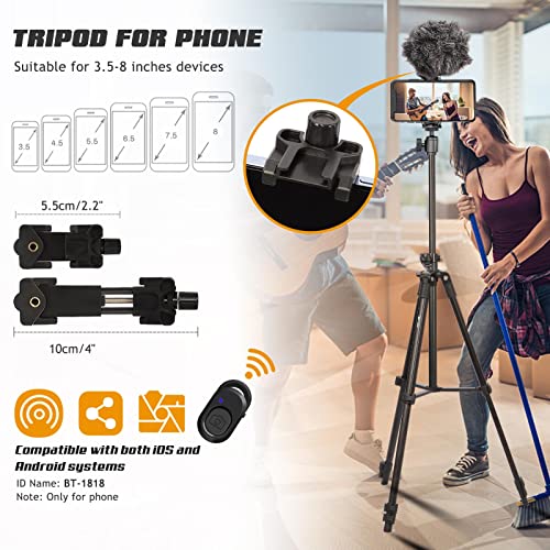 Phone Tripod, Lusweimi 67-inch Horizontal Tripod Stand with 360° Adjustable Ball Head and Wireless Remote for Camera/iPhone/Webcam, Tripod for Video Recording with Extended Arm/Clip Mount/Carry Bag