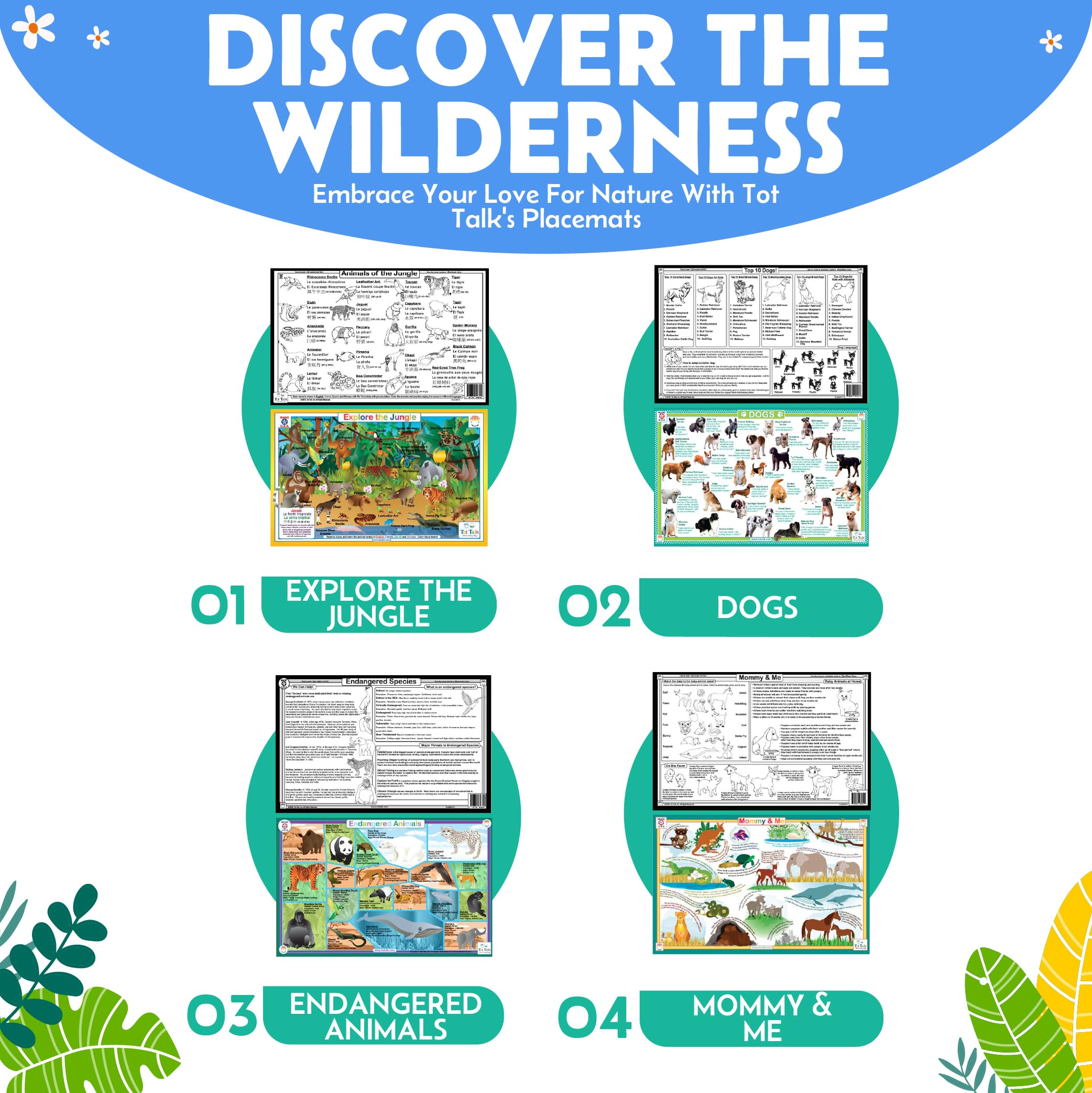 Tot Talk Mountain Animals Educational Placemat for Kids – Made in USA – Durable, Double-Sided, Learning Placemat with Mountain Wildlife & Nature Facts & Coloring– Waterproof, Wipeable, 17.5” x 11.5”