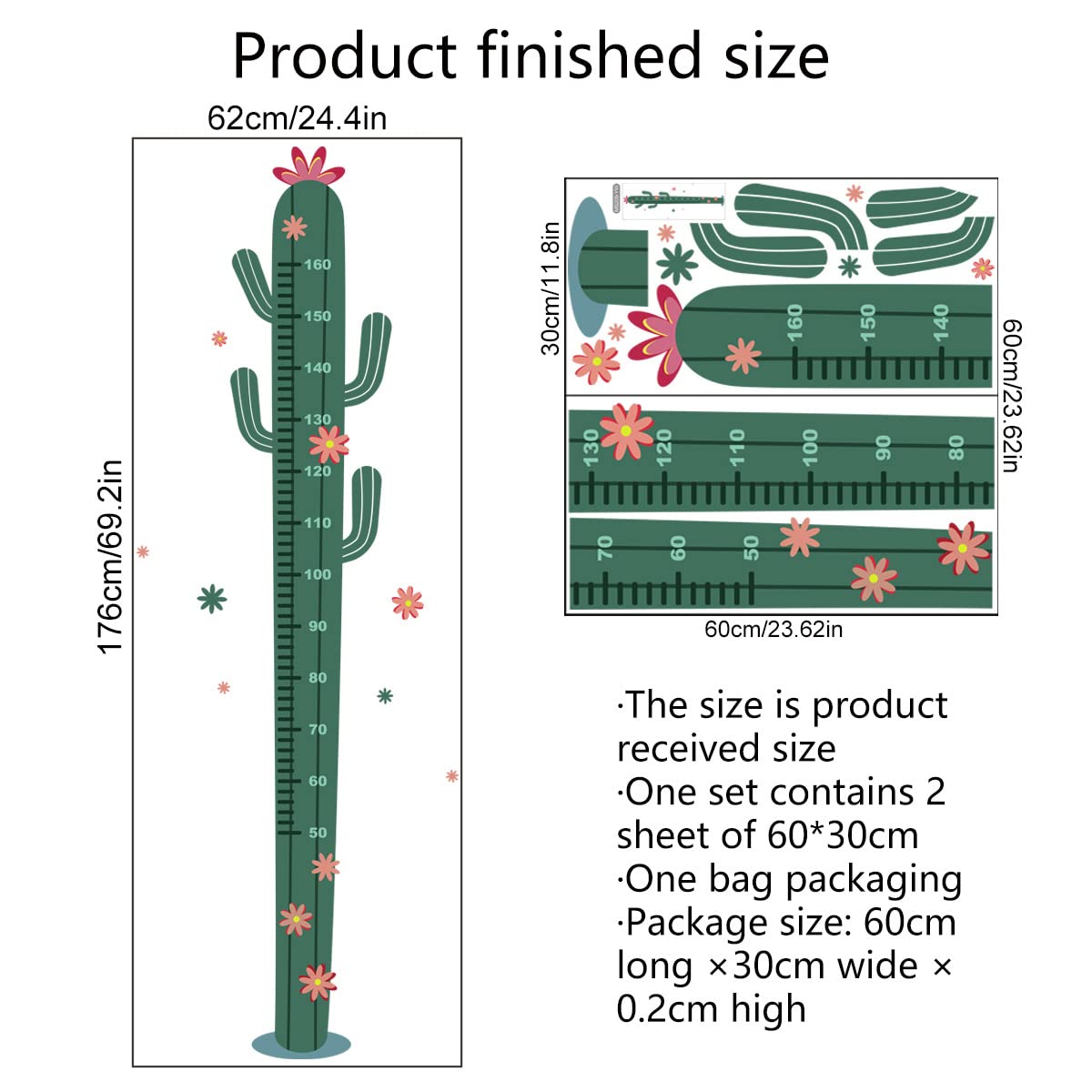 Cactus Growth Chart Wall Decals Height Measure Botanical Wall Stickers for Kids Bedroom Nursery Room Classroom