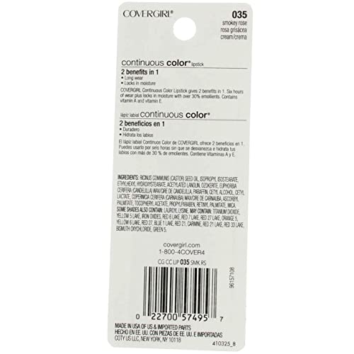 Cg Cs Lipstick 035 Smokey Size .13 O Cover Girl Continuous Color Lip Stick 035 Smokey Rose .13 Oz